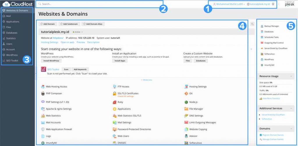 Fitur-Fitur dan Tampilan Dashboard Plesk Hosting - IDCloudHost